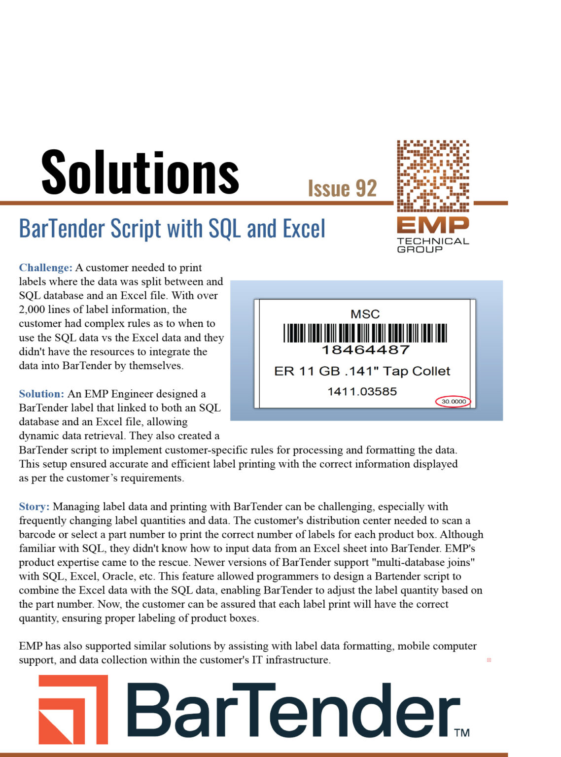 Writing BarTender Script with SQL and Excel - EMP Tech Group