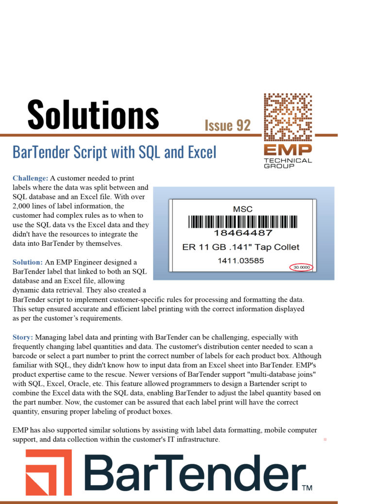 Writing BarTender Script with SQL and Excel - EMP Tech Group